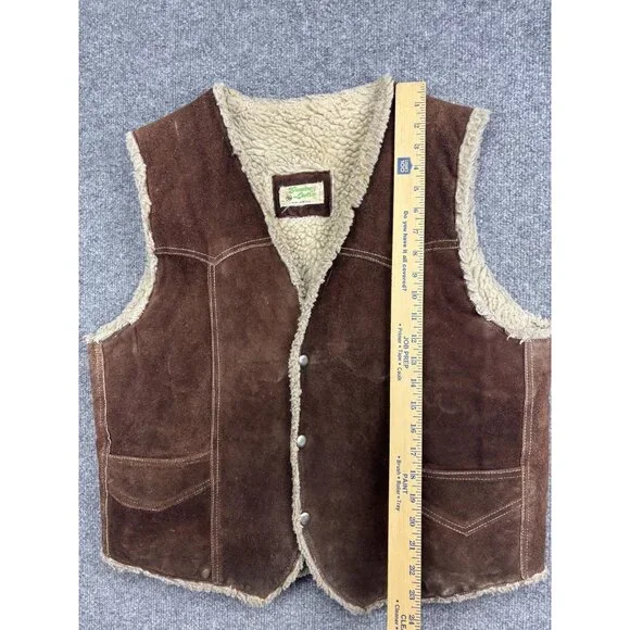Vintage Suede Leather Vest Mens Large Brown Sherpa Lined Western Snap 70s